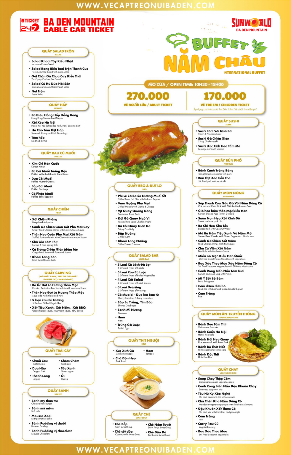 Menu Buffet Năm Châu nhà hàng Vân Sơn Núi Bà Đen 2025