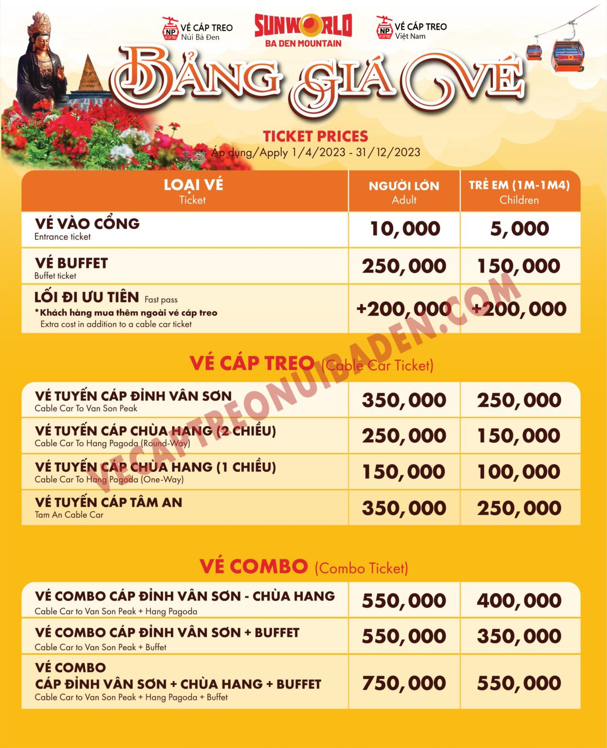 Bảng Giá Vé Cáp Treo Núi Bà Đen Mới Nhất 2023